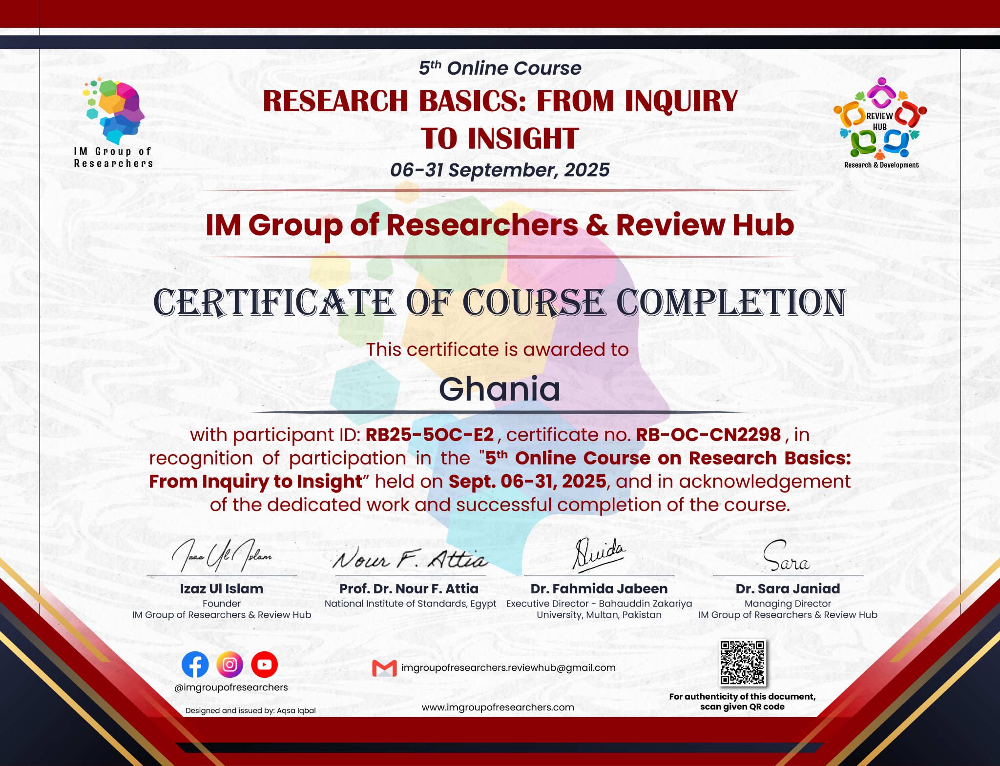 Certificates of 5th Course on Research Basics: From Inquiry to Insight ...