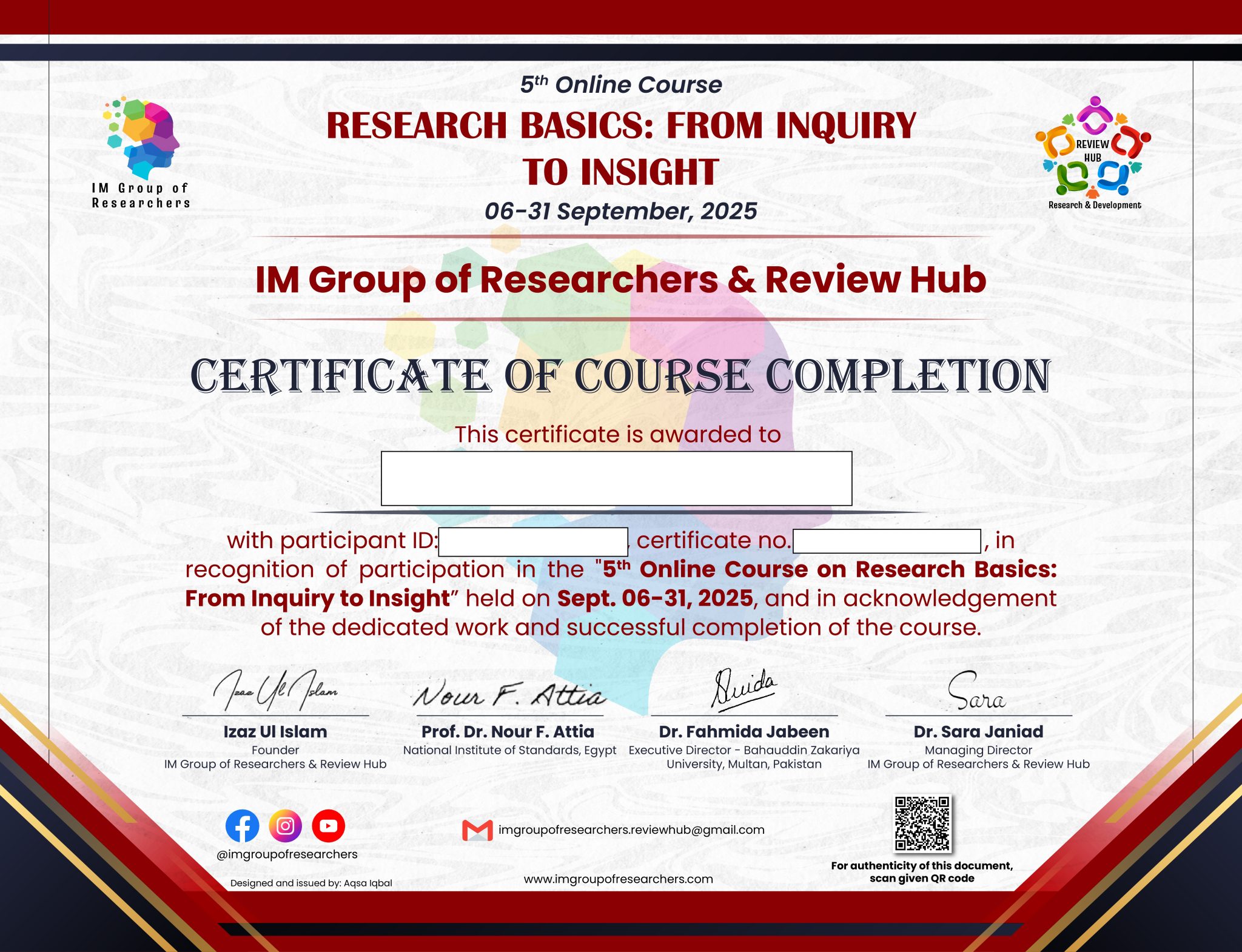 Certificates of 5th Course on Research Basics: From Inquiry to Insight ...